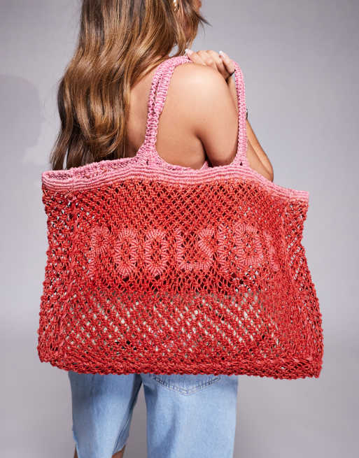 River Island poolside crochet beach bag in mid pink | ASOS