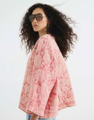 River Island Quilted floral oversized jacket in coral | ASOS