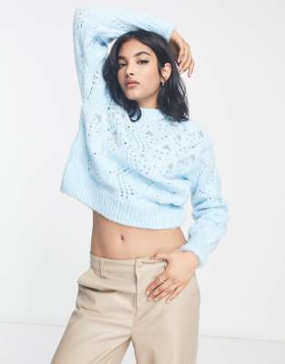 River Island rhinestone stitch sweater in light blue | ASOS