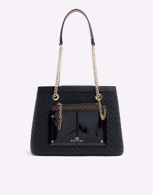 River Island Ri monogram pocket tote bag in black | ASOS