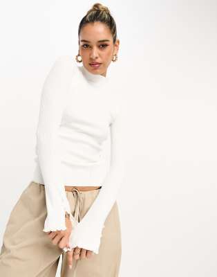 River Island rib top with frilled sleeve in white | ASOS