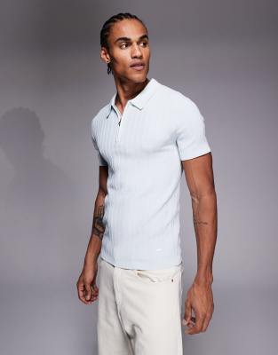 River Island ribbed muscle polo in light blue | ASOS