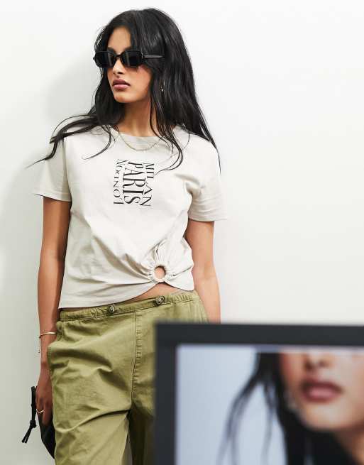 River Island ring detail crop tee in beige | ASOS