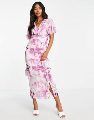 River Island - Robe mi-longue en tulle à volants - Violet fleuri | ASOS