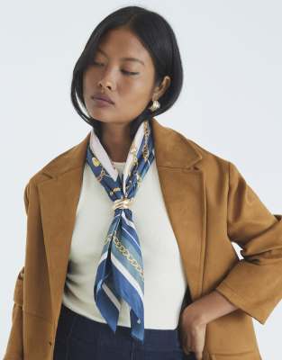 River Island Satin chain print scarf with ring in blue | ASOS