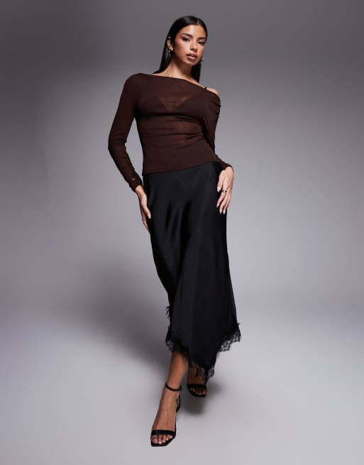 River Island satin skirt with lace detail in black | ASOS