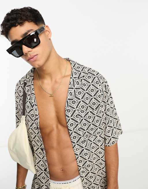 River Island Short Sleeve Geo Print Revere Shirt In Black Asos