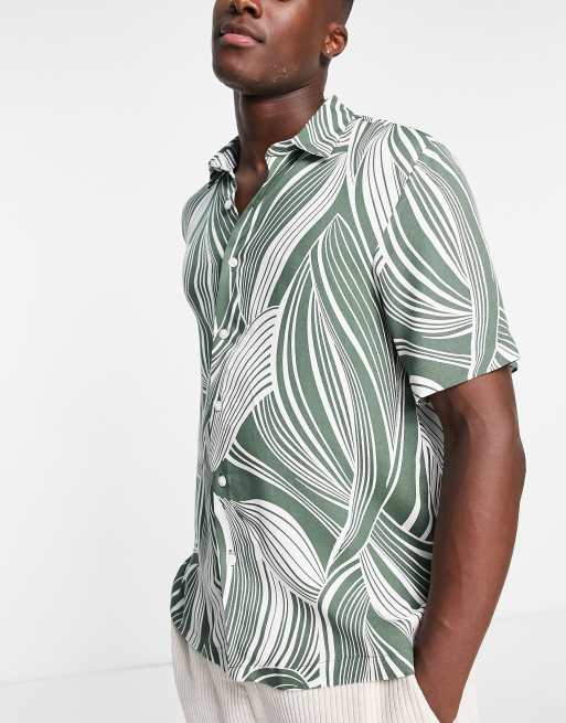 River Island short sleeve warped green leaf shirt in ecru | ASOS