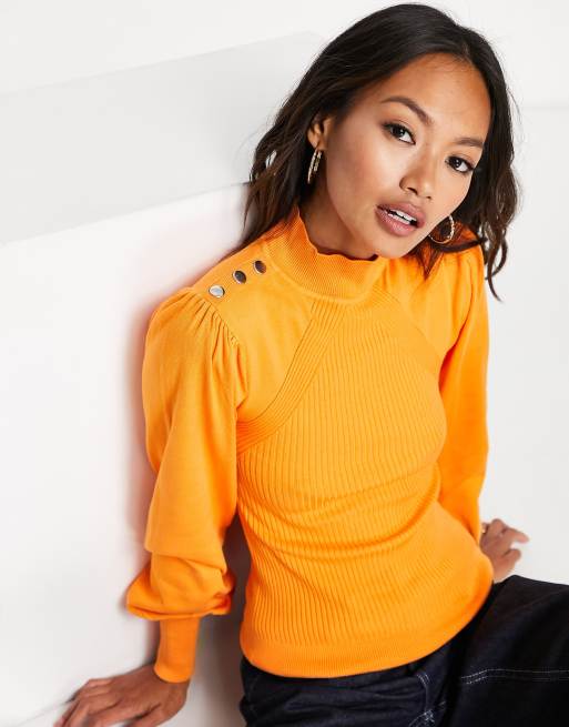 River Island shoulder trim puff sleeve ribbed jumper in orange | ASOS