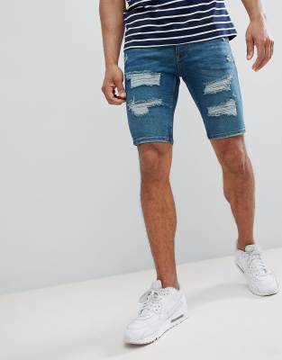 River Island Skinny Denim Shorts With Rips In Mid Wash | ASOS