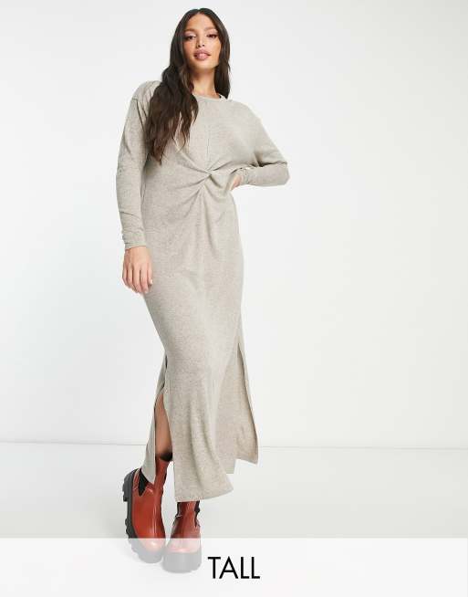 River Island Tall twist front midi dress in oatmeal | ASOS