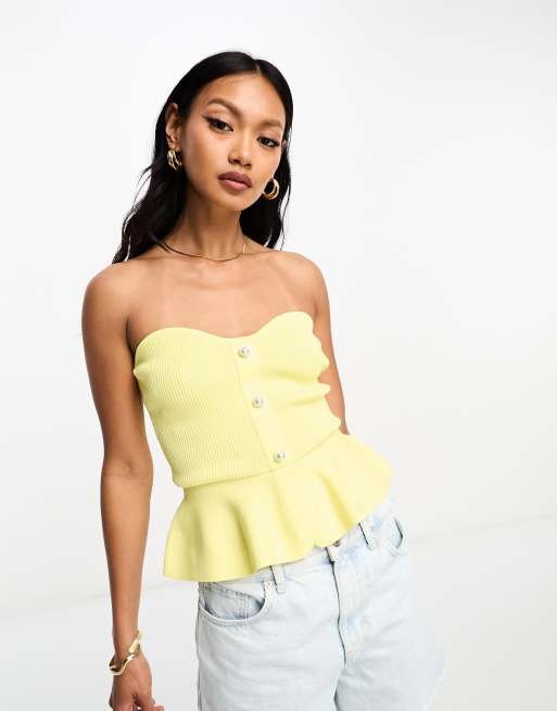 River Island - Top bandeau d'ensemble en maille avec ourlet à basque et perles fantaisie - Jaune ...