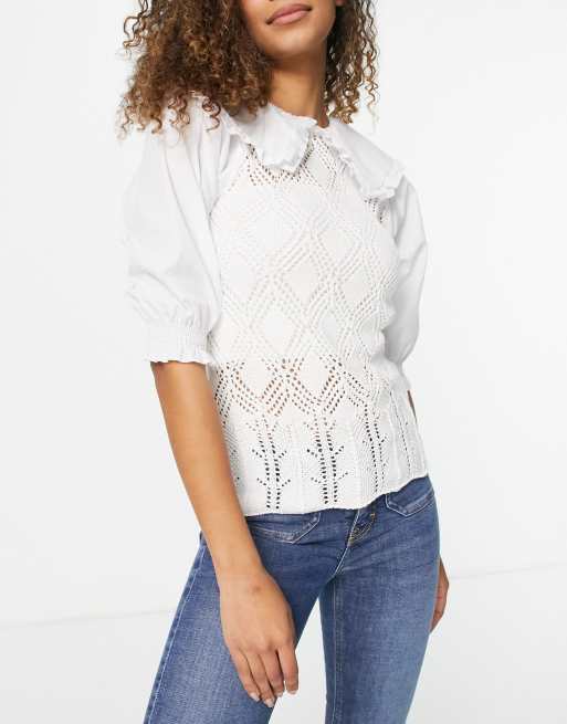 River Island - Top d'ensemble en maille au crochet avec col en popeline - Blanc | ASOS