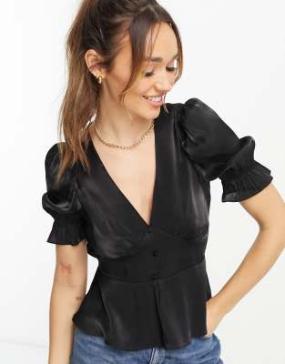 River Island - Top satiné à basque - Noir | ASOS