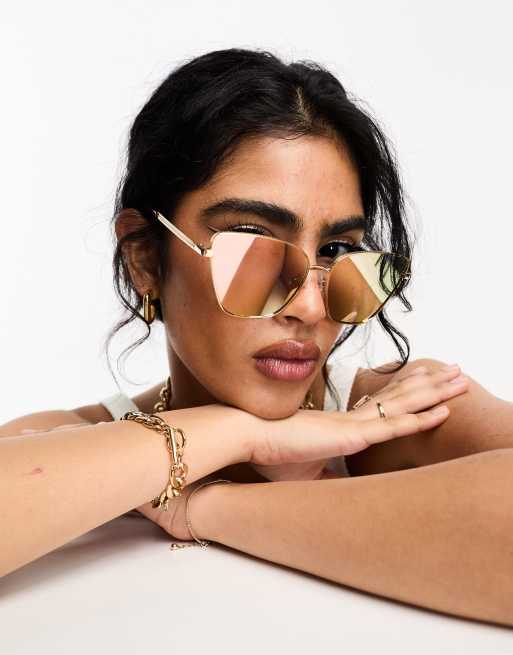 River Island Winged Cateye Sunglasses In Gold Metal Asos