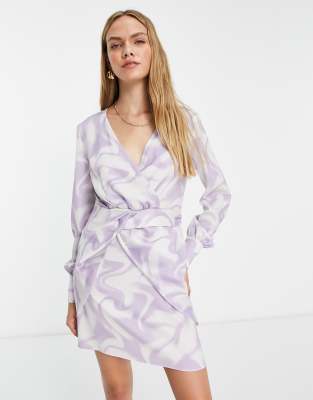 River Island Wrap Detail Mini Dress In Purple Swirl Print | ModeSens