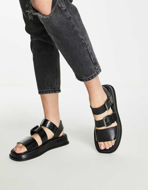 Sandalias Negras De Efecto Cocodrilo Con Diseño De Correas Con Hebillas
