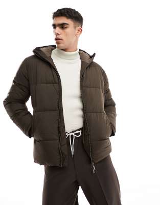 Selected Homme short puffer jacket in brown | ASOS