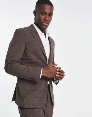 Selected Homme slim fit suit jacket in brown mini check | ASOS