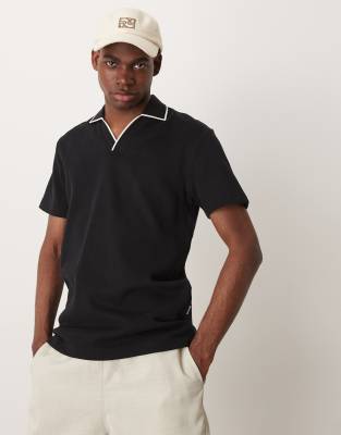 Selected split neck polo shirt in black | ASOS