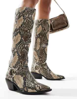 SEQWL knee high western boots in snake | ASOS