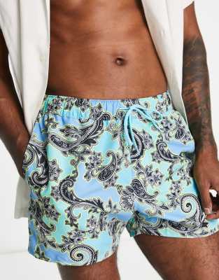 Shorts de baño cortos azules con estampado de cachemir de ASOS DESIGN ...