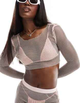 Simmi - Crop top d'ensemble en filet à strass avec manches longues - Rose pastel | ASOS