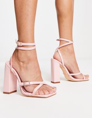 Simmi London Kimia strappy block heels in pink patent | ASOS