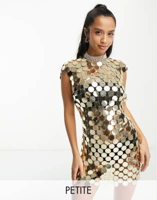 Simmi Petite embellished disc detail open back mini dress in gold | ASOS