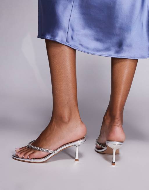 SIMMI Shoes Sheen diamante toe thong heeled sandals in silver metallic ...
