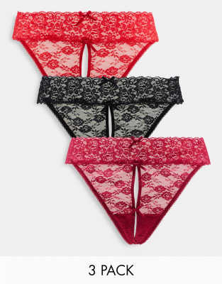 Simply Be 3 pack crotchless thongs in red, black and pink | ASOS