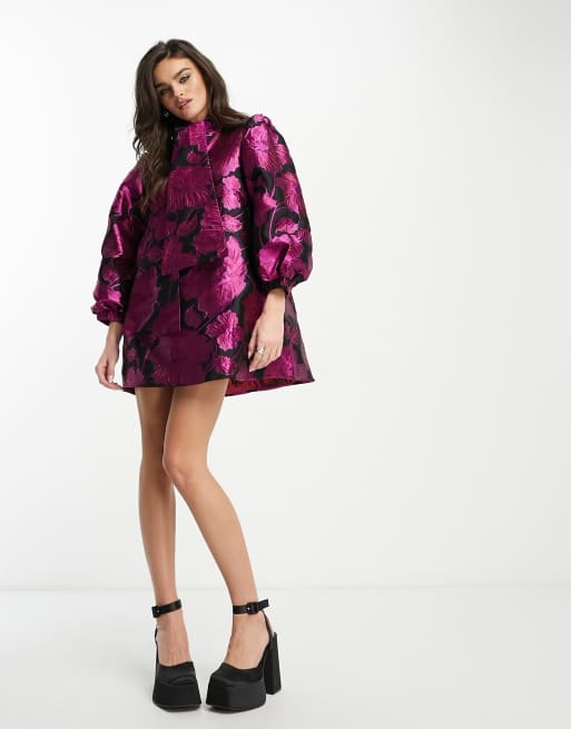 Sister Jane balloon sleeve tie mini dress in magenta floral jacquard | ASOS
