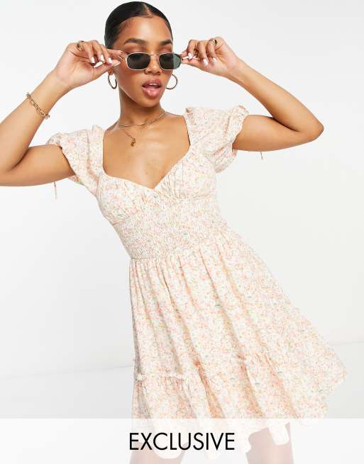 Sisters Of The Tribe Ditsy Print Puff Sleeve Minidress In Peach Asos