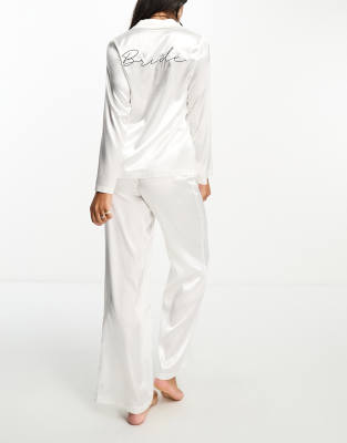 Six Stories bride satin pajama set with embroidery in white | ASOS