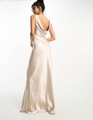 Six Stories Bridesmaids cowl back satin maxi dress in oyster | ASOS