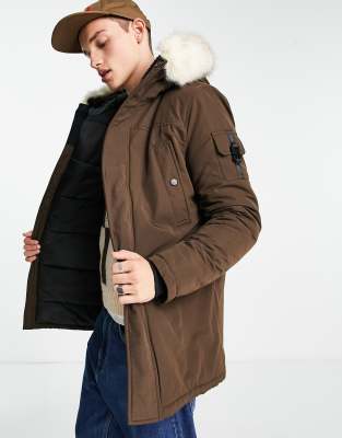 Sixth June parka jacket in brown with faux fur hood and buckle detail ...