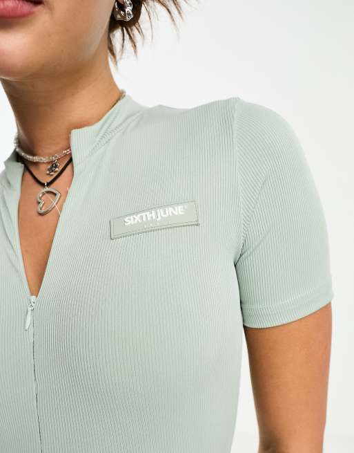 Sixth June short sleeve unitard in sage | ASOS
