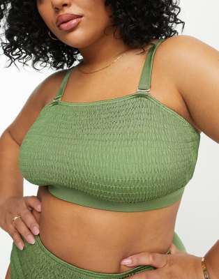 South Beach Curve Exclusive crinkle crop bikini top in khaki | ASOS
