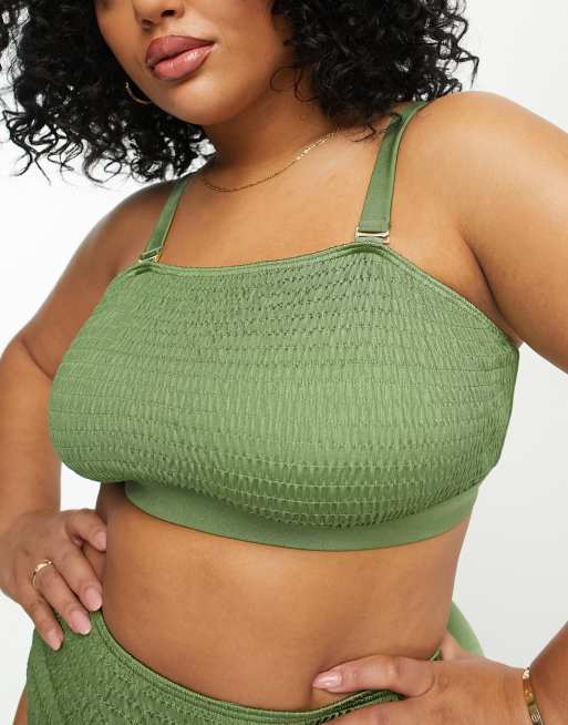 South Beach Curve Exclusive crinkle crop bikini top in khaki | ASOS