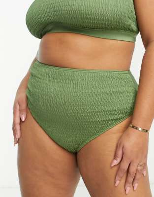 South Beach Curve – Exklusiv – High-Waist-Bikinihose in Khaki mit Crinkle-Optik | ASOS