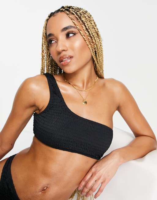 South Beach exclusive mix and match crinkle one shoulder bikni top in black | ASOS