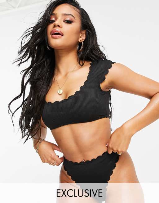 South Beach Exclusive mix and match textured scallop high waist bikini bottom in black | ASOS