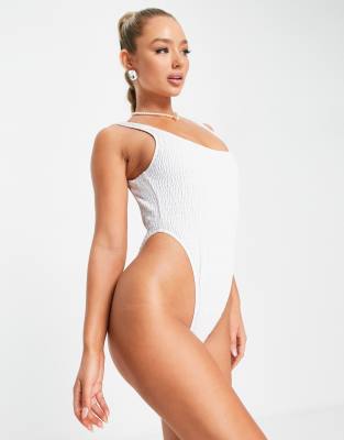 South Beach exclusive scoop crinkle swimsuit in white | ASOS
