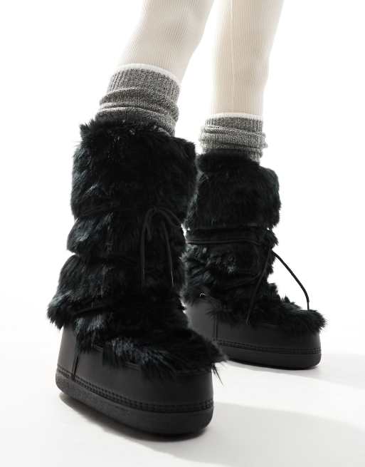 South Beach Fluffy Knee Snow Boot in Black