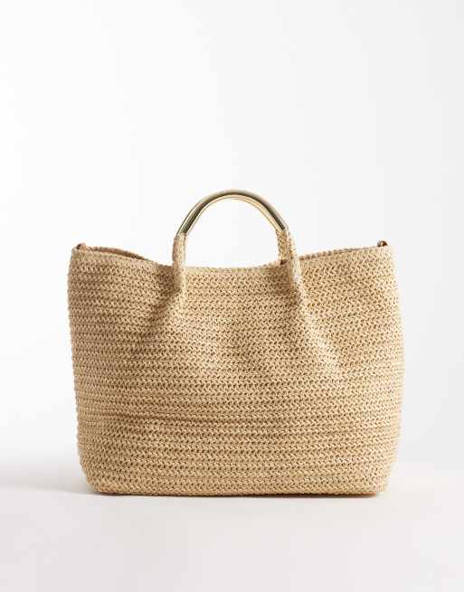 South Beach straw tote with gold-tone handle and detachable crossbody ...