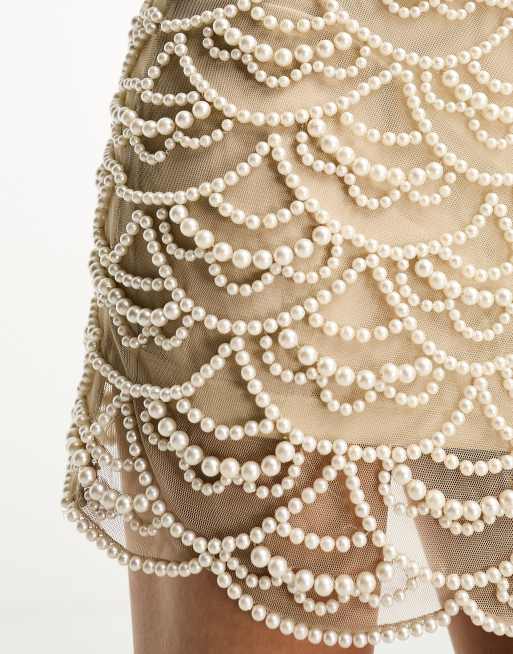 Starlet exclusive pearl embellished mini dress in champagne | ASOS