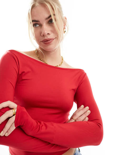 Stradivarius Boat Neck Long Sleeve Top In Red Asos