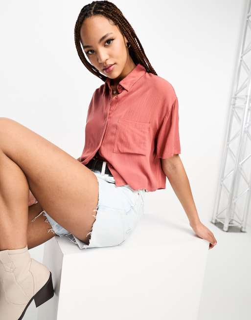 Stradivarius Boxy Cropped Crinkle Shirt In Rust Asos
