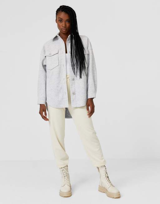 Stradivarius brushed overshirt shacket in light grey | ASOS
