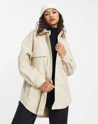 Stradivarius brushed shacket in ecru | ASOS